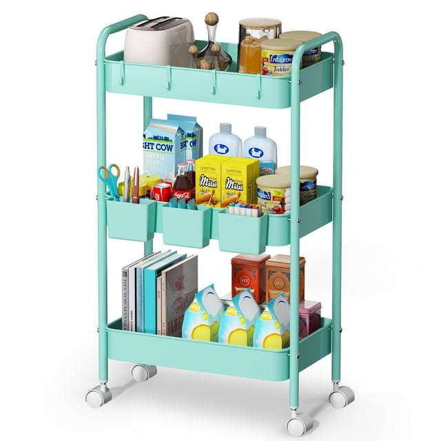 3 Tier Rolling Storage Cart, Metal Trolley Utility Cart with Wheels ...