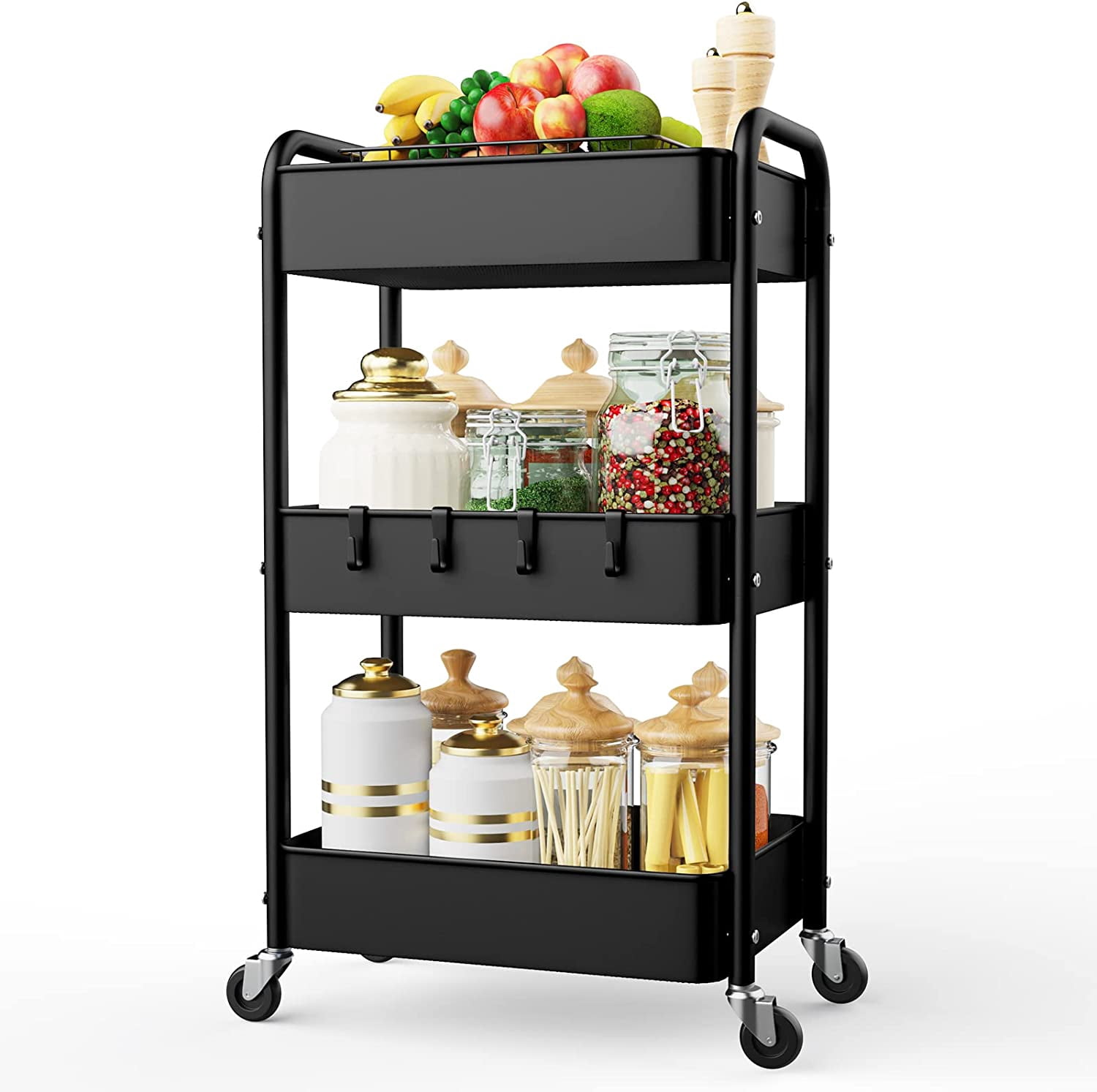 3 Tier Rolling Storage Cart, Metal Trolley Utility Cart with Wheels ...