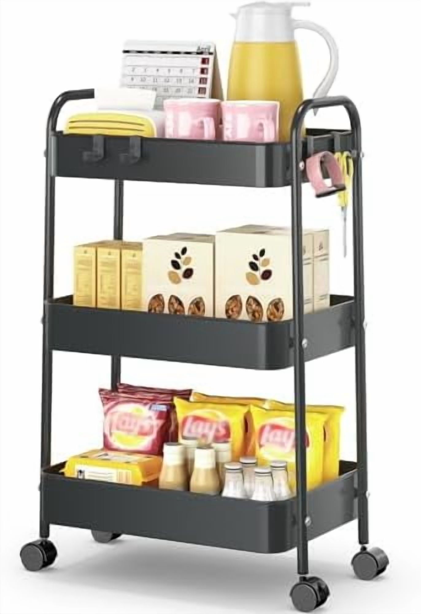 3 Tier Rolling Storage Cart, Metal Utility Cart with Hooks Trolley on ...