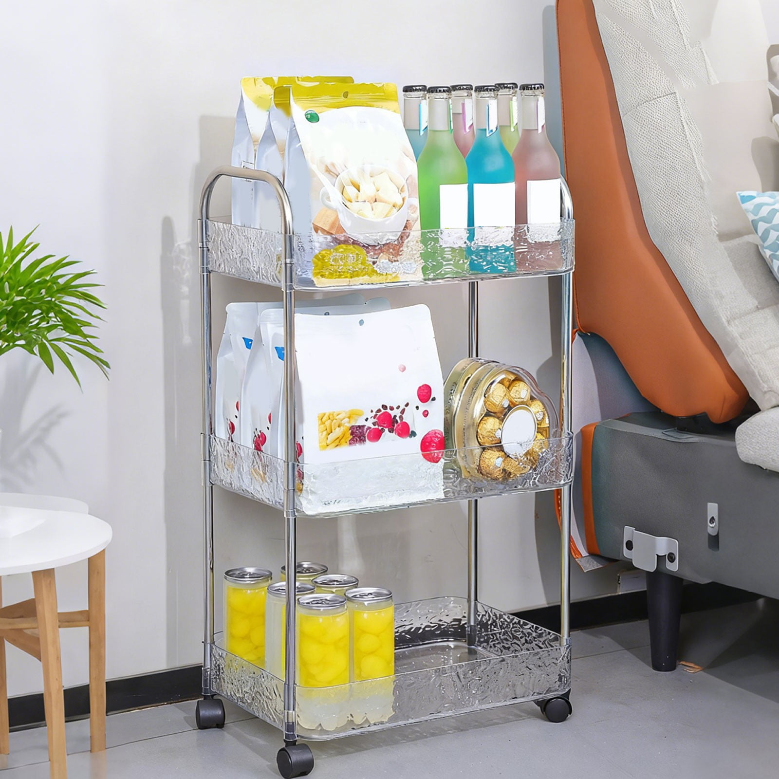 3-Tier Rolling Storage Cart | Transparent Plastic Shelving Unit ...