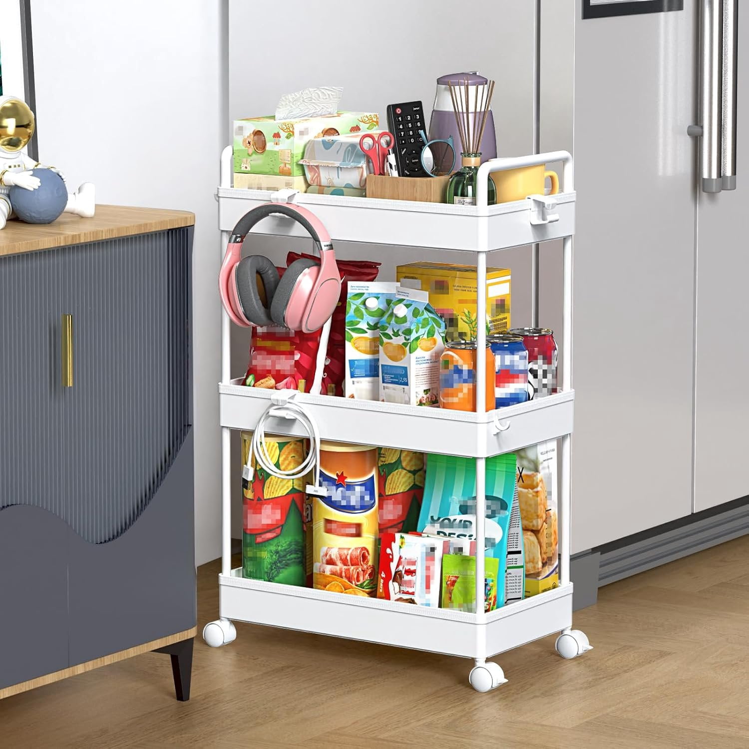 3 Tier Rolling Storage Cart with Wheels Slim Craft Makeup Snack Art ...