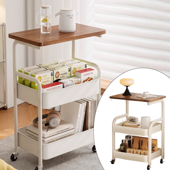3 Tier Rolling Storage Cart with Wood Tabletop, Mobile Utility ...