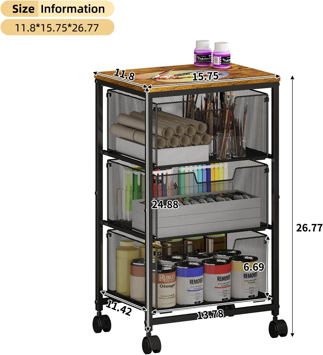 3-Tier Rolling Storage Cart with Drawers, Room Office Utility Cart with ...