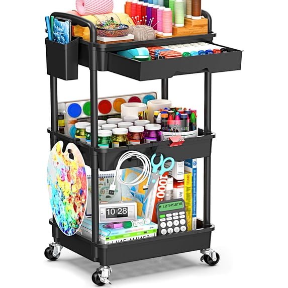 3 Tier Rolling Storage Carts with Removable Drawers, Lockable Wheels ...