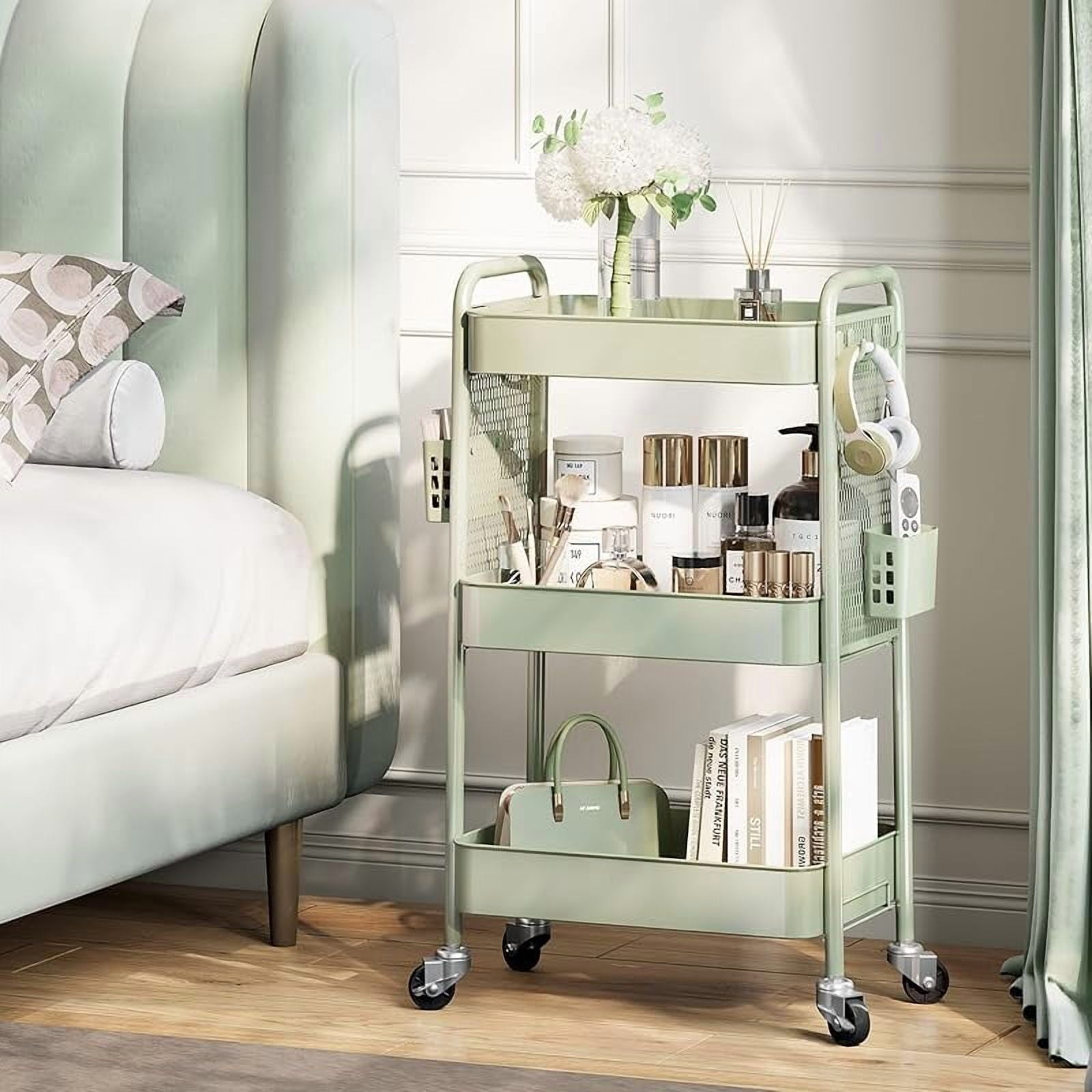 3-Tier Rolling Storage Organizer Cart – Metal Utility Cart with Hooks ...