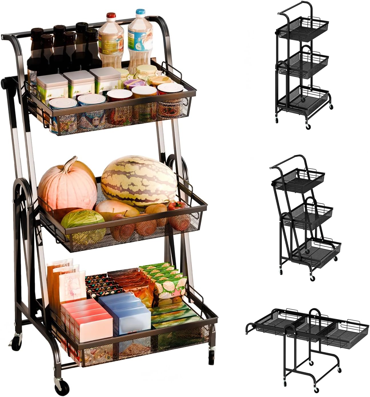 3-Tier Rolling Storage Rack, Foldable Storage Shelves with Casters ...