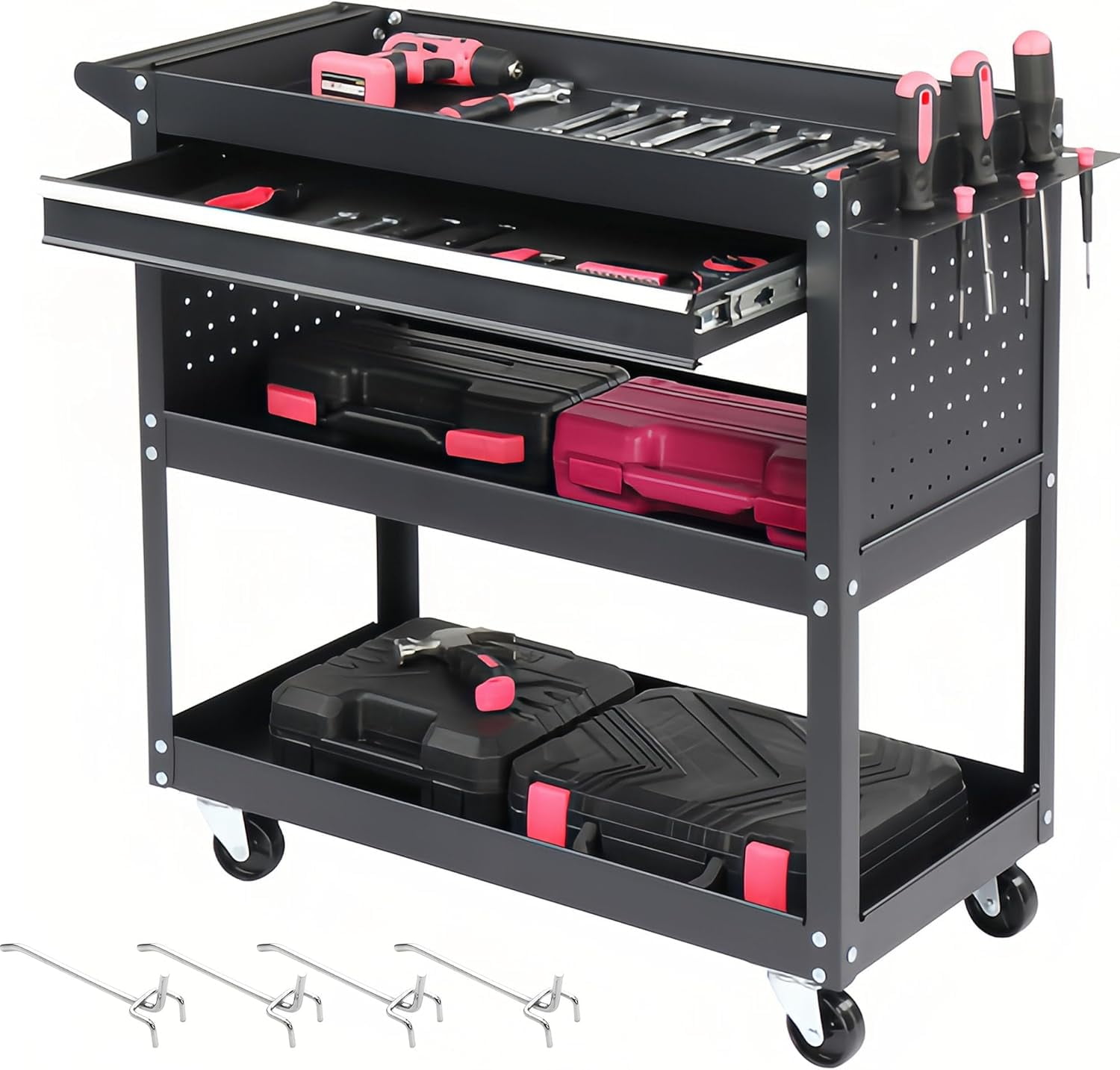 3 Tier Rolling Tool Cart, 330 LBS Capacity Mechanic Tool Cart on Wheels, Heavy Duty Industrial ...