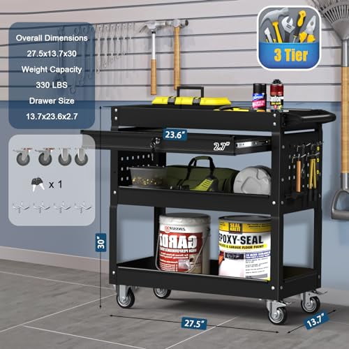 3 Tier Rolling Tool Cart, 330 lb Capacity Utility Cart, Metal Service Tool Cart with Drawer and ...