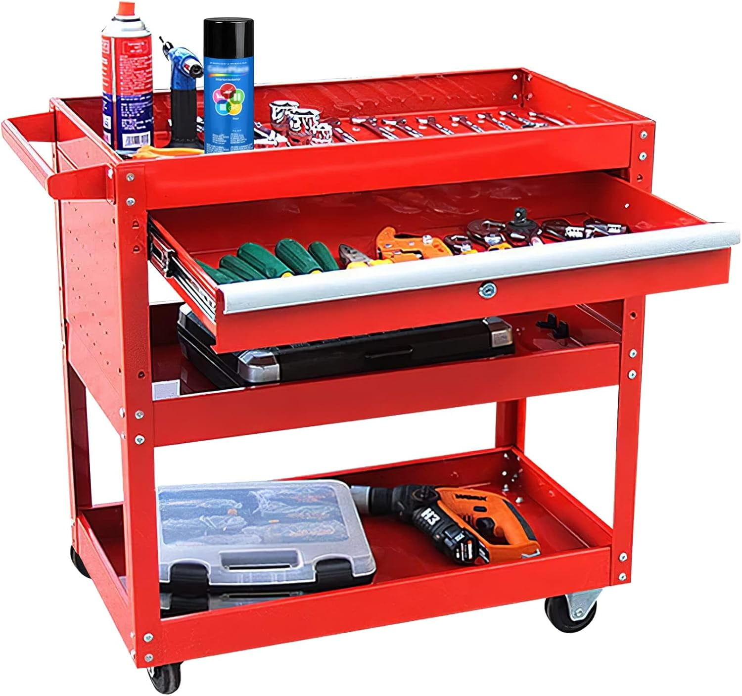3 Tier Rolling Tool Cart, 330 lb Capacity Utility Cart, Metal Service ...