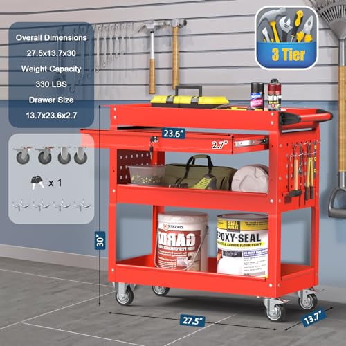 3 Tier Rolling Tool Cart, 330 lb Capacity Utility Cart, Metal Service Tool Cart with Drawer and ...