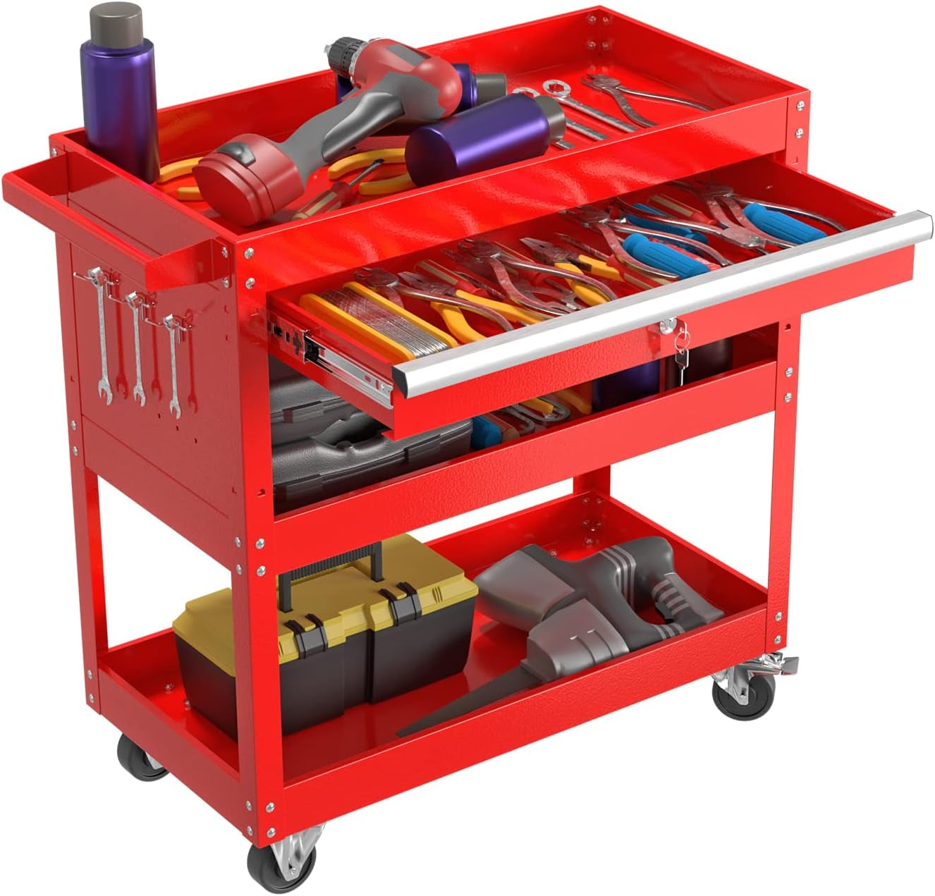 3 Tier Rolling Tool Cart, Tool Cart with Wheels and Drawers, 500 LBS ...