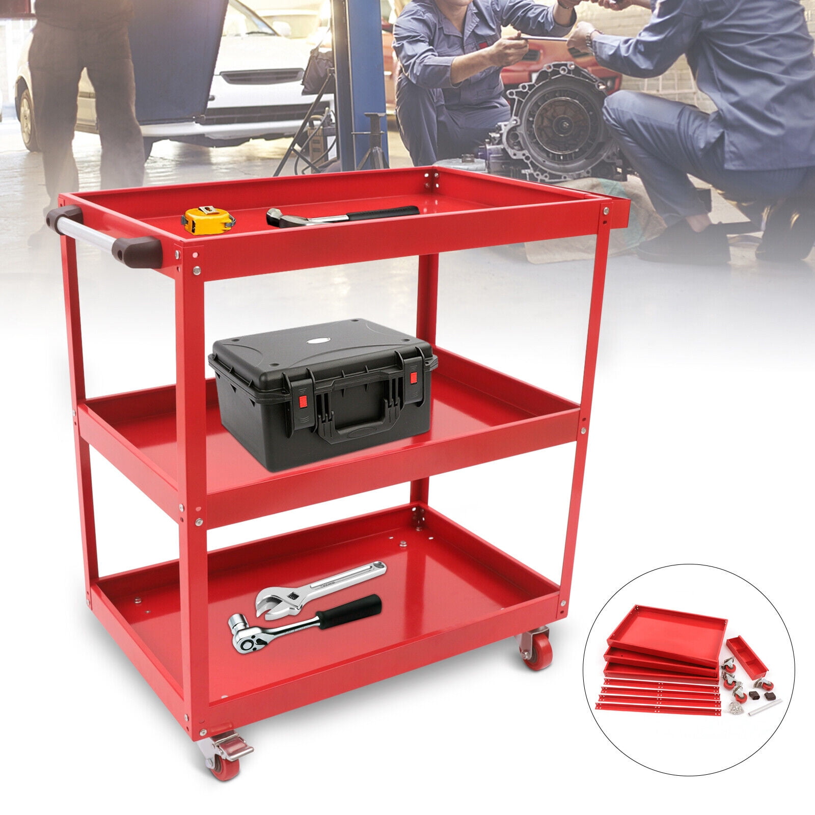 3 Tier Rolling Tool Cart, Industrial Service Cart, Heavy Duty Steel Utility Cart, Tool Organizer ...