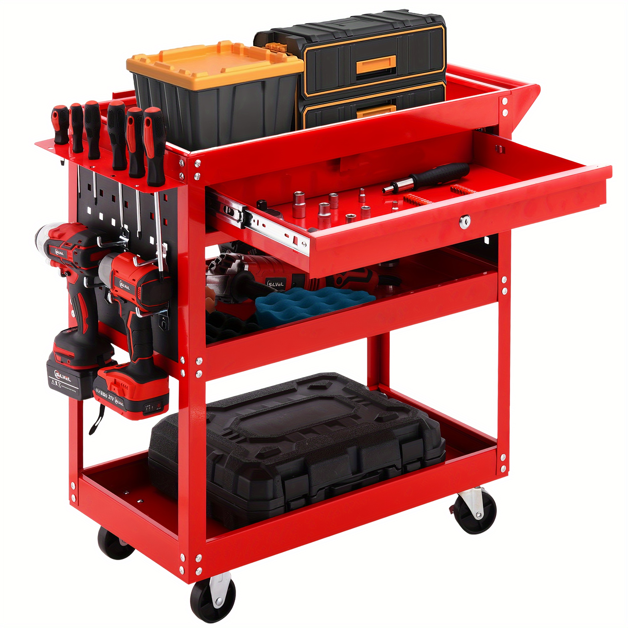 3 Tier Rolling Tool Cart - Industrial Utility Cart with Drawers, Pegboard, 330 LBS Capacity, and ...