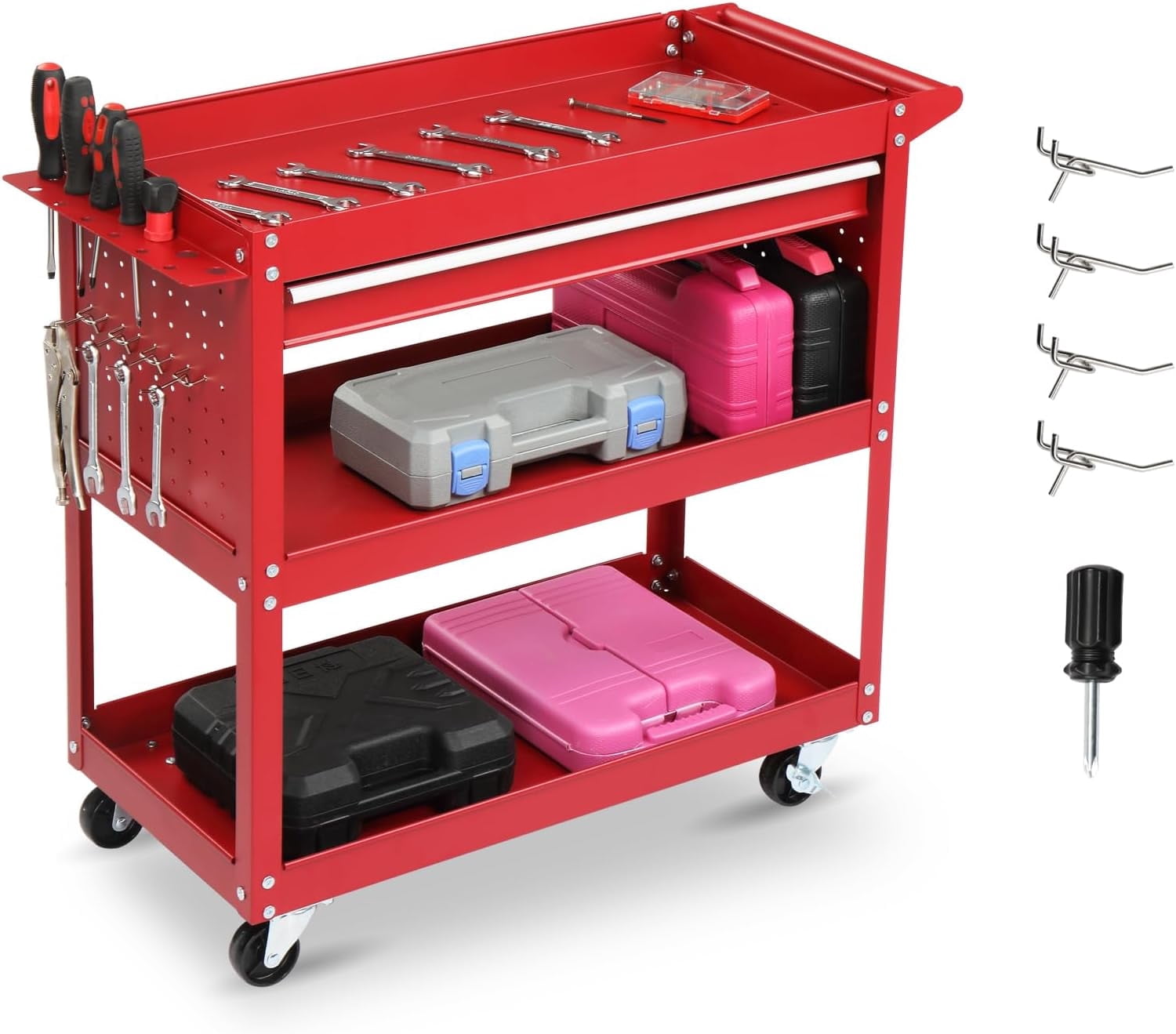 3-Tier Rolling Tool Cart, Red Steel Utility Cart with Pegboard, Drawer ...