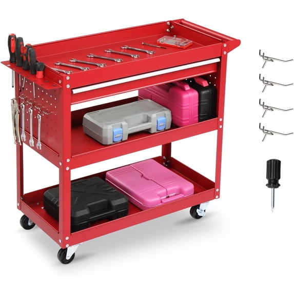 3-Tier Rolling Tool Cart, Red Steel Utility Cart with Pegboard, Drawer ...