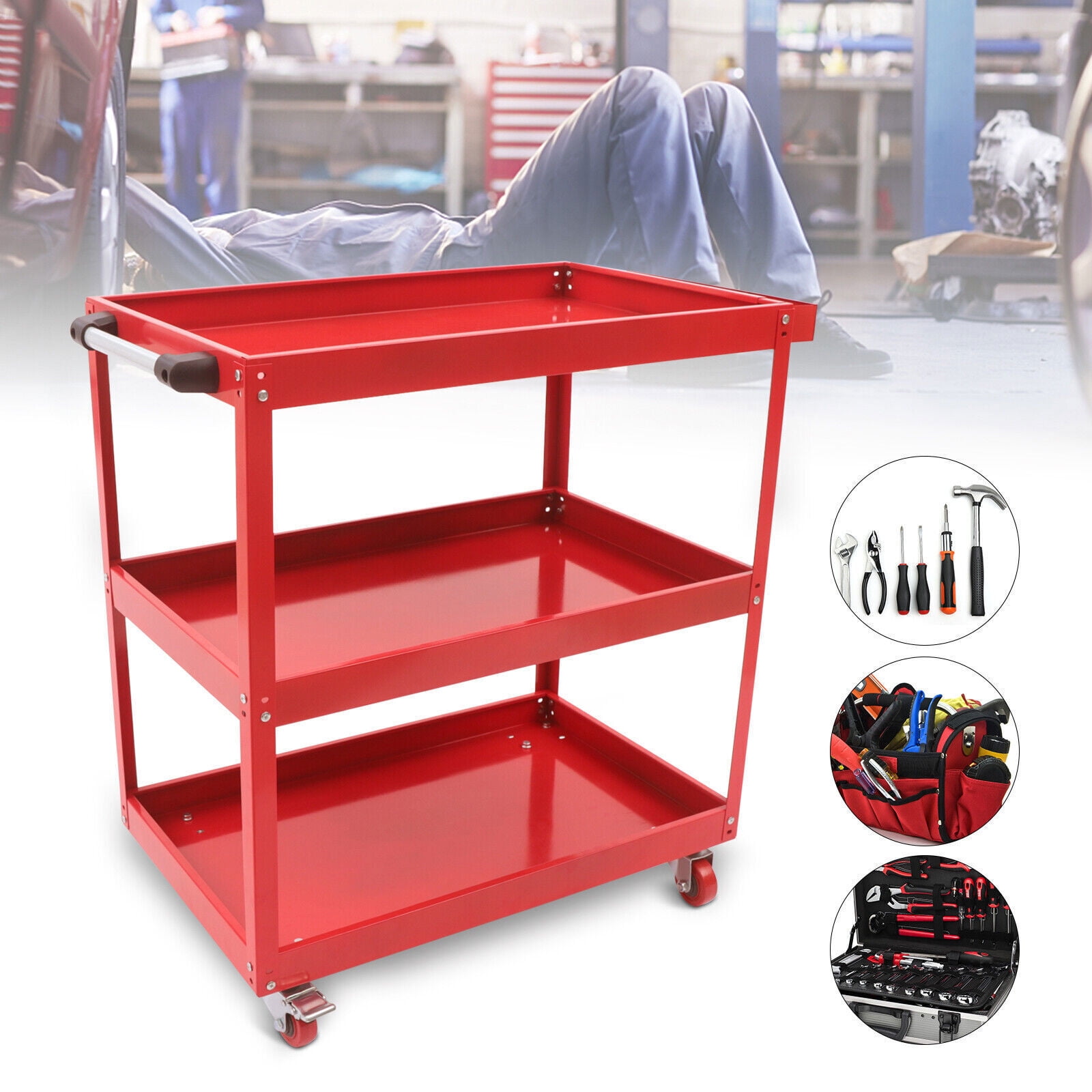 3-Tier Garage Rolling Storage Tool Cart Utility Organizer Cart + Wheels ...