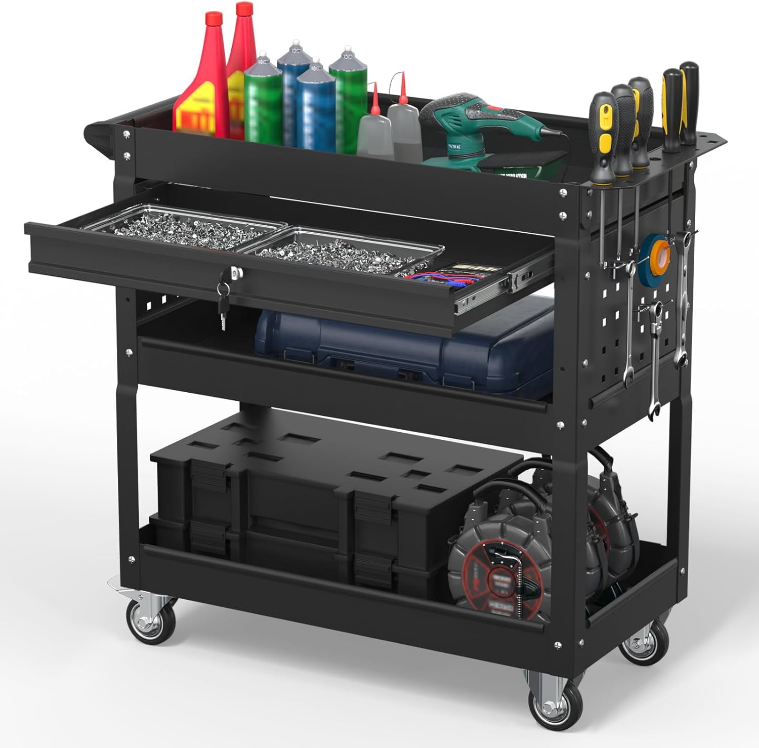 3 Tier Rolling Tool Cart on Wheels, 550 LBS Tool Cart with Drawers ...