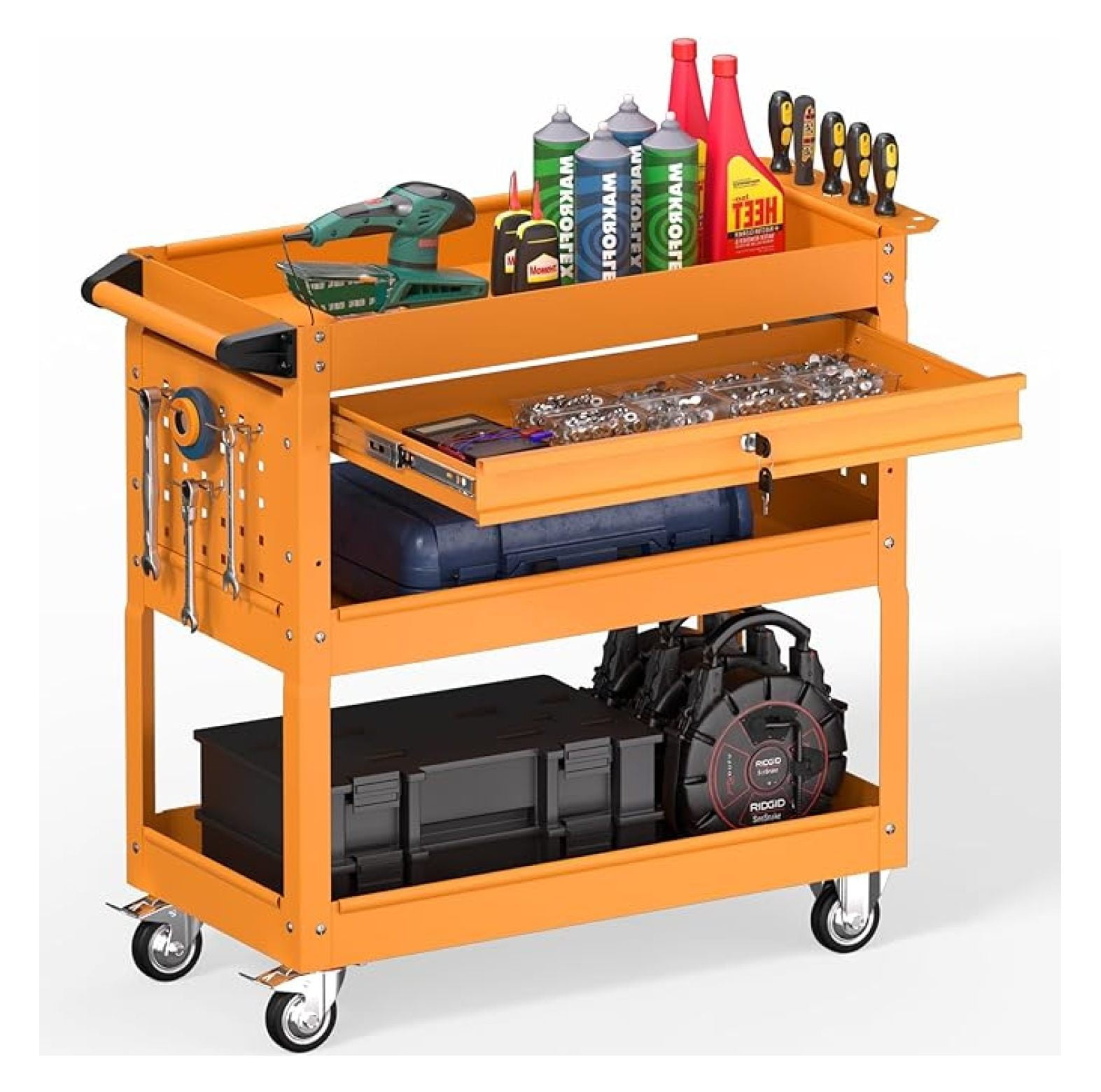 3 Tier Rolling Tool Cart on Wheels, Heavy Duty Service Cart Industrial ...