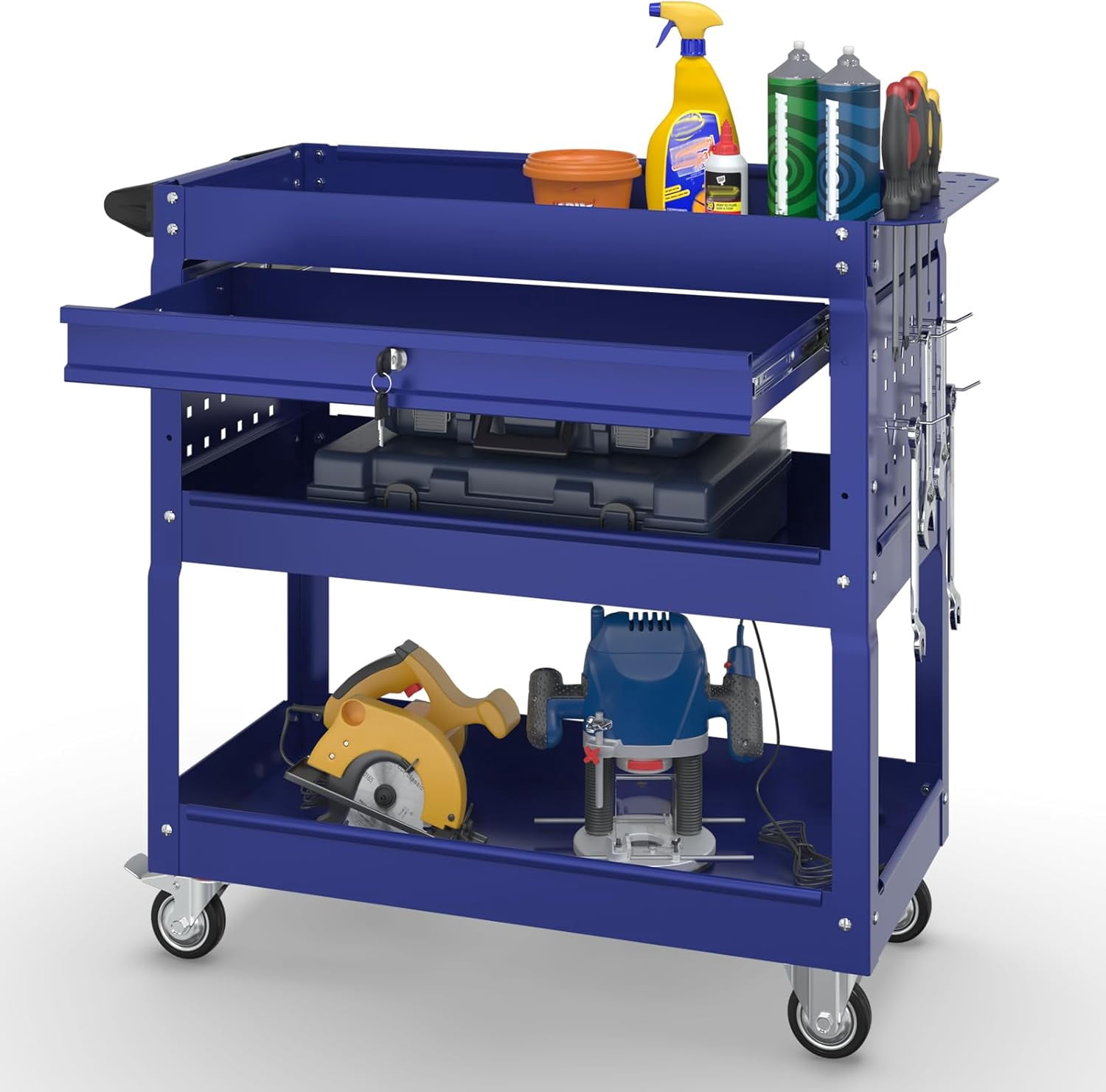 3 Tier Rolling Tool Cart on Wheels with Locking Drawer - Metal Service ...