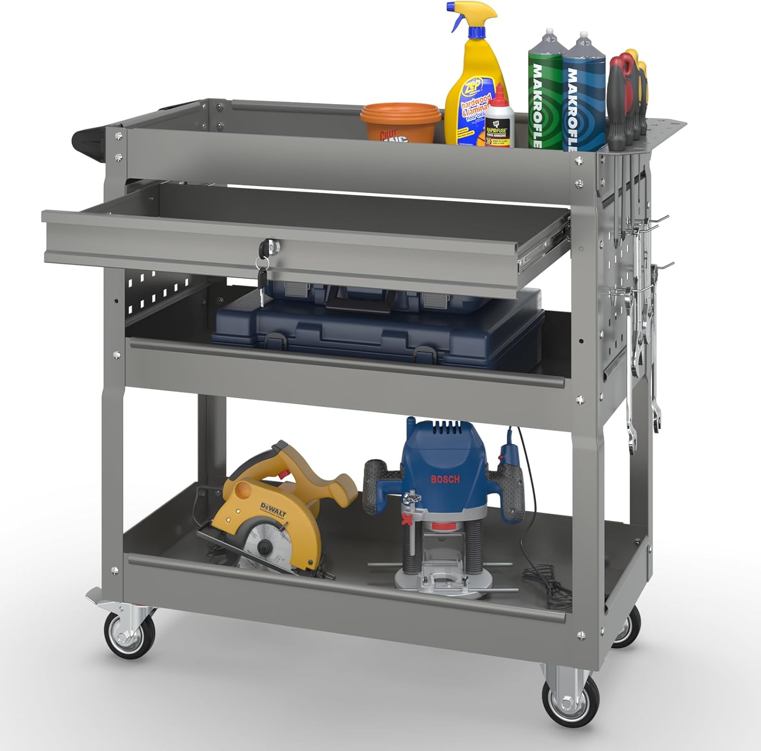 3 Tier Rolling Tool Cart on Wheels with Locking Drawer - Metal Service ...