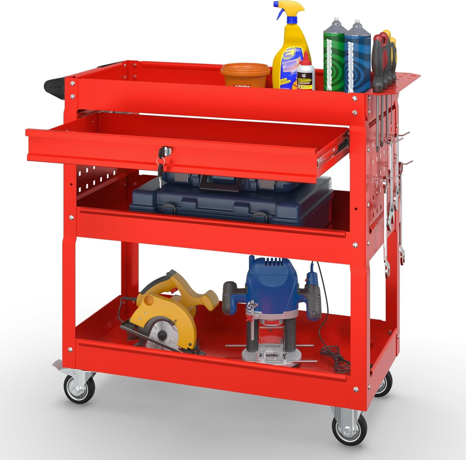3 Tier Rolling Tool Cart on Wheels with Locking Drawer - Metal Service ...