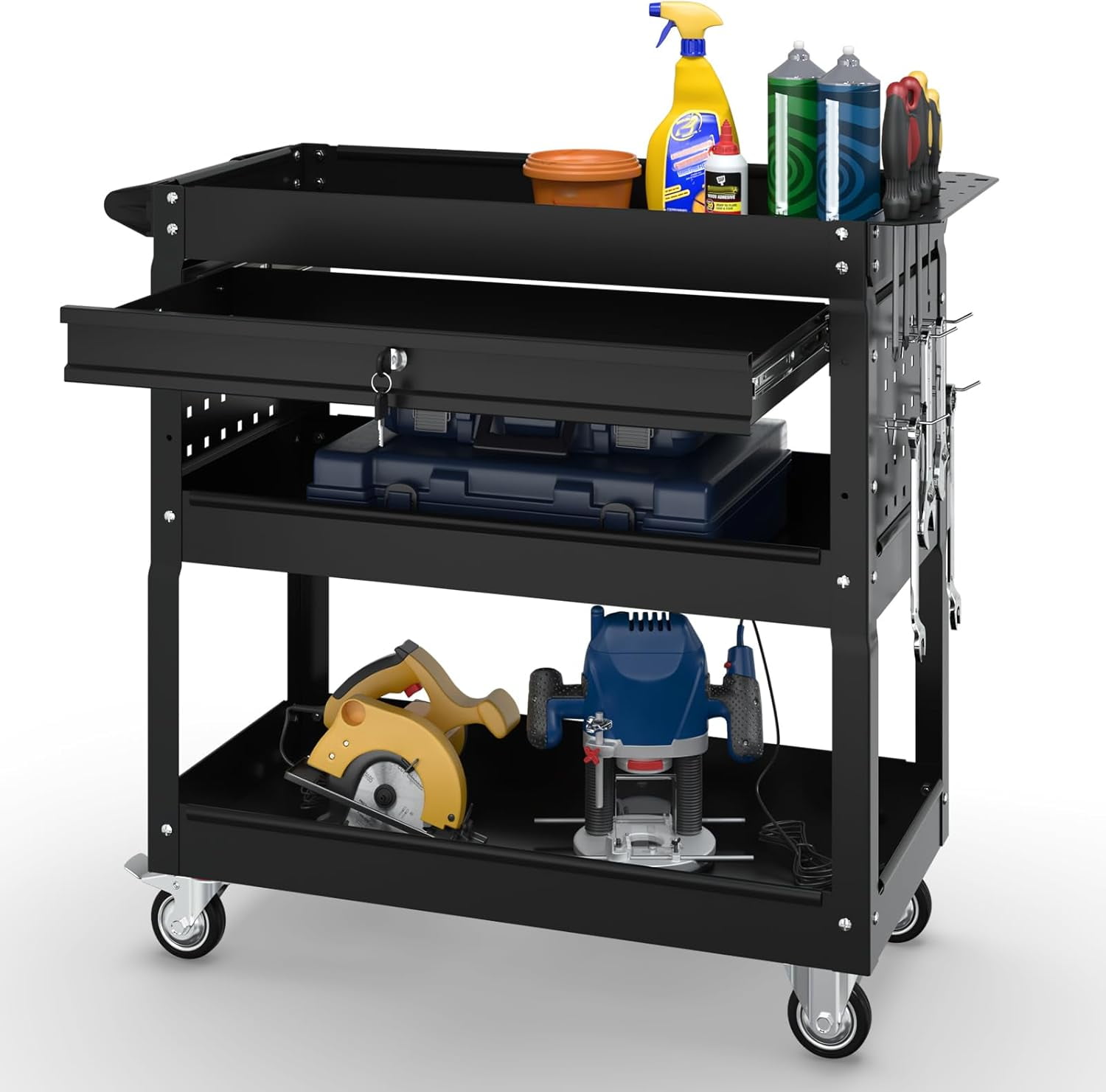 3 Tier Rolling Tool Cart on Wheels with Locking Drawer - Metal Service ...
