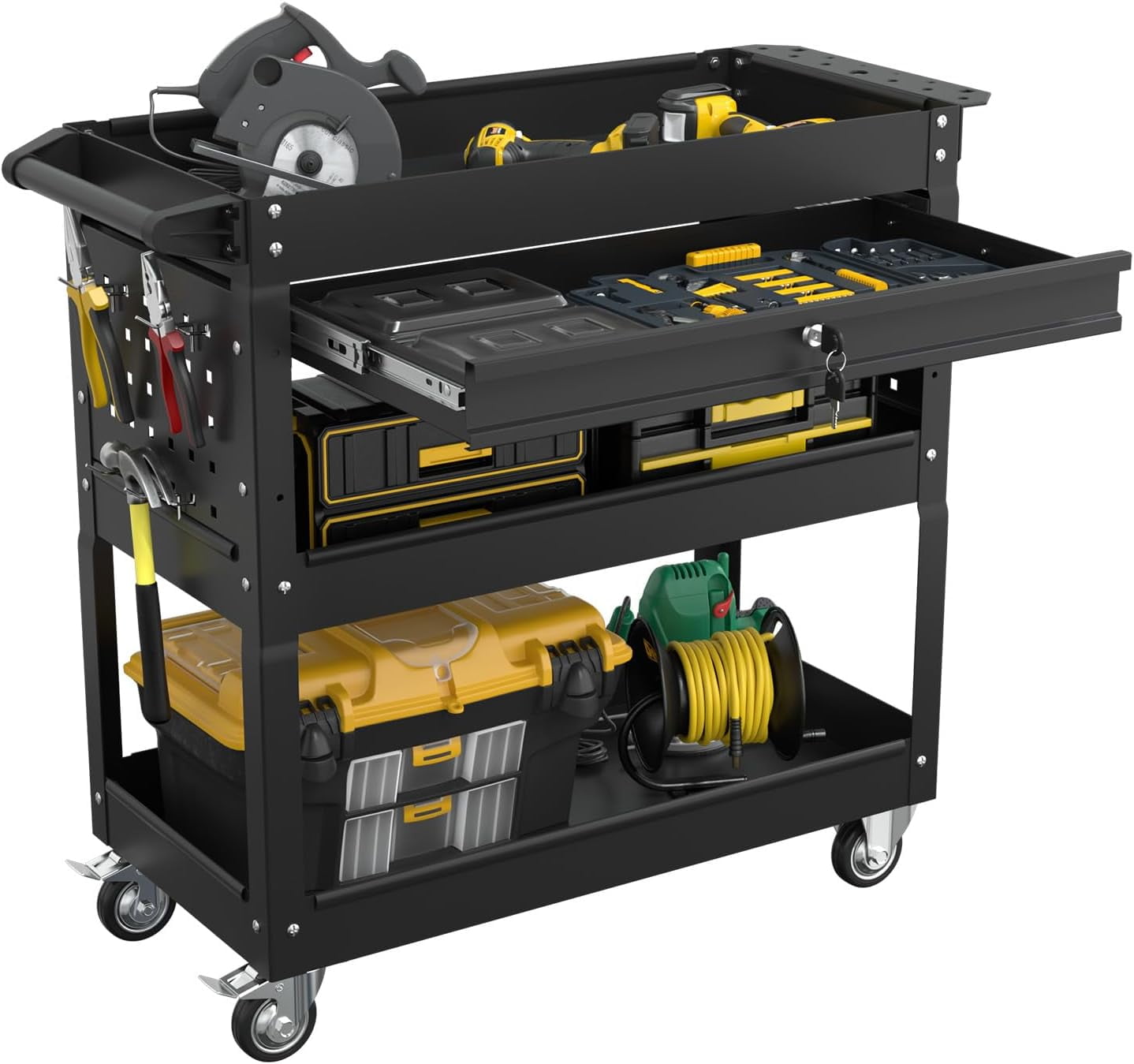3-Tier Rolling Tool Cart on Wheels, Metal Heavy Duty Utility Cart with Lockable Drawers and ...