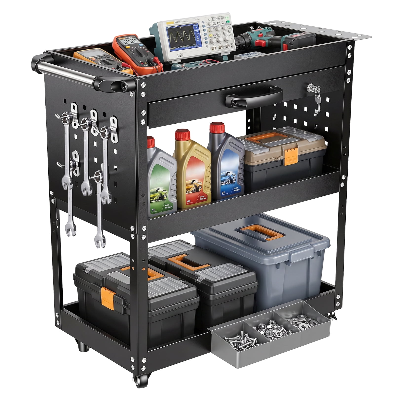 3 Tier Rolling Tool Cart with Drawer, Heavy Duty Utility Cart on Wheels ...