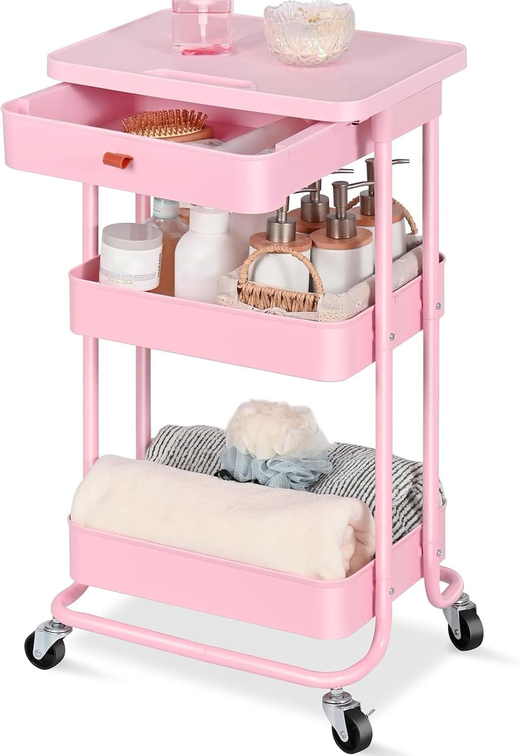 3 Tier Rolling Utility Cart with Drawer & Table Top, Multifunctional ...