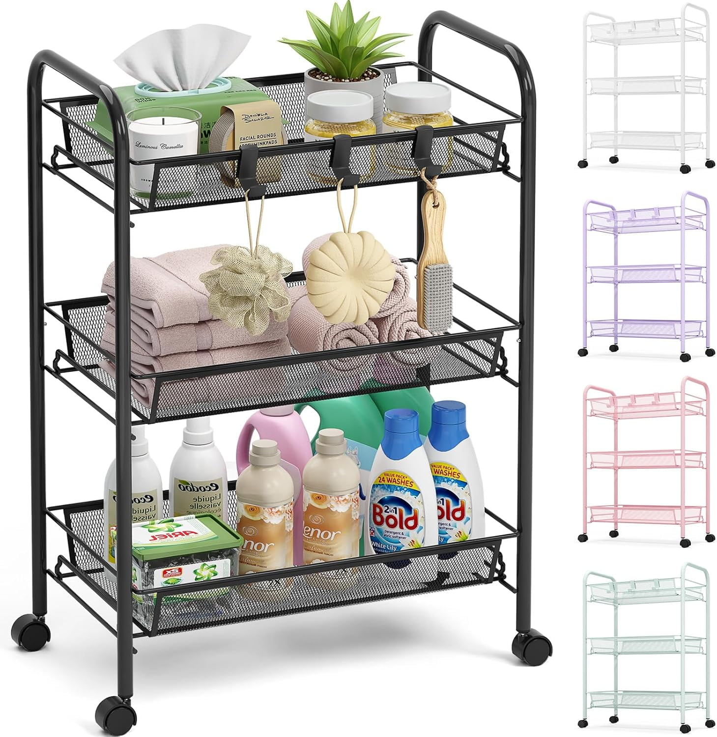 3 Tier Rolling Utility Cart - Durable Metal Design Pink Utility Cart ...
