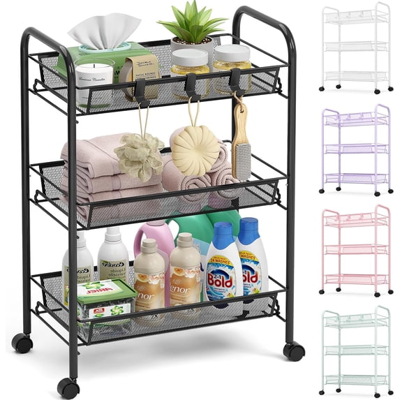 3 Tier Rolling Utility Cart - Durable Metal Design Pink Utility Cart ...
