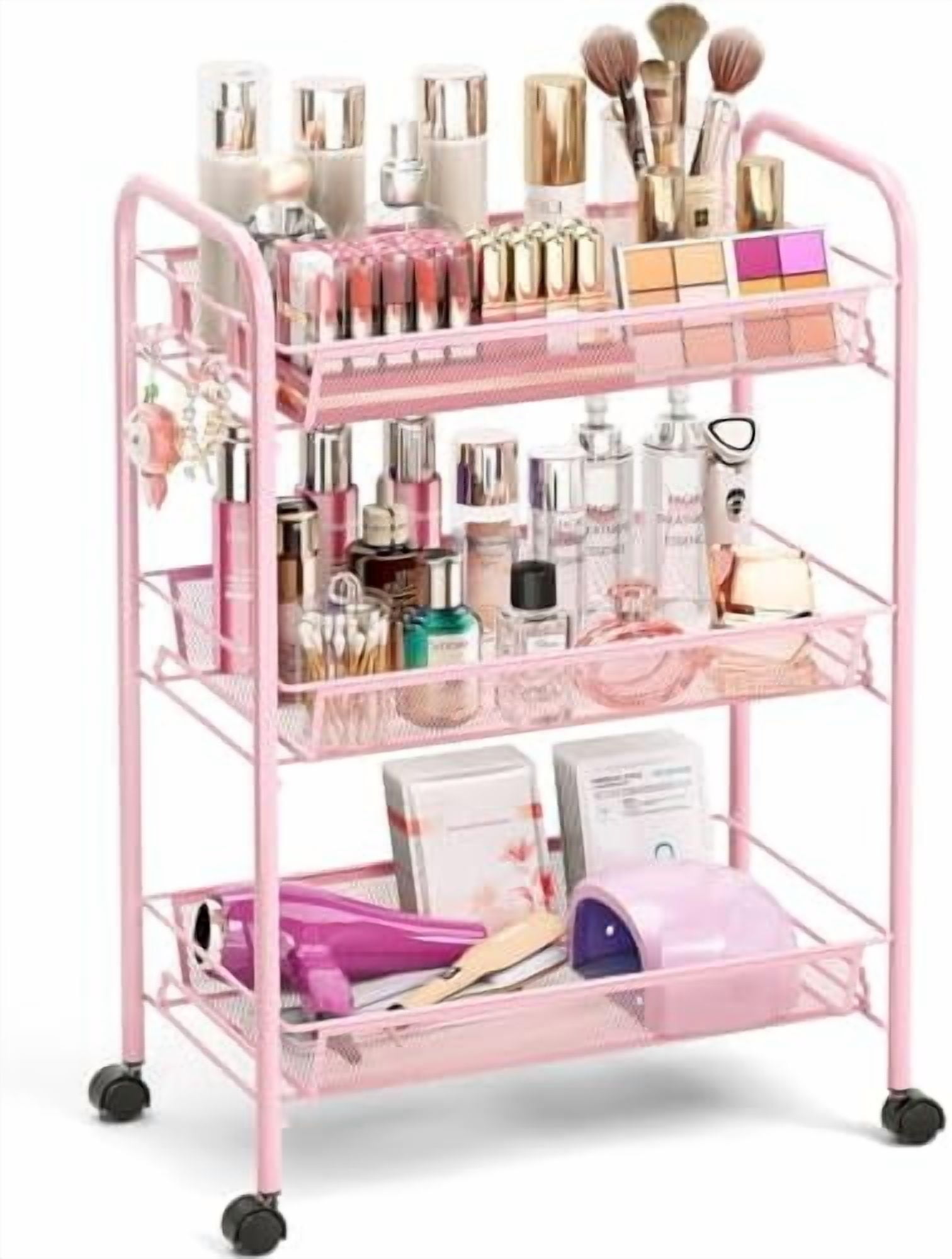 3 Tier Rolling Utility Cart - Durable Metal Design Pink Utility Cart ...