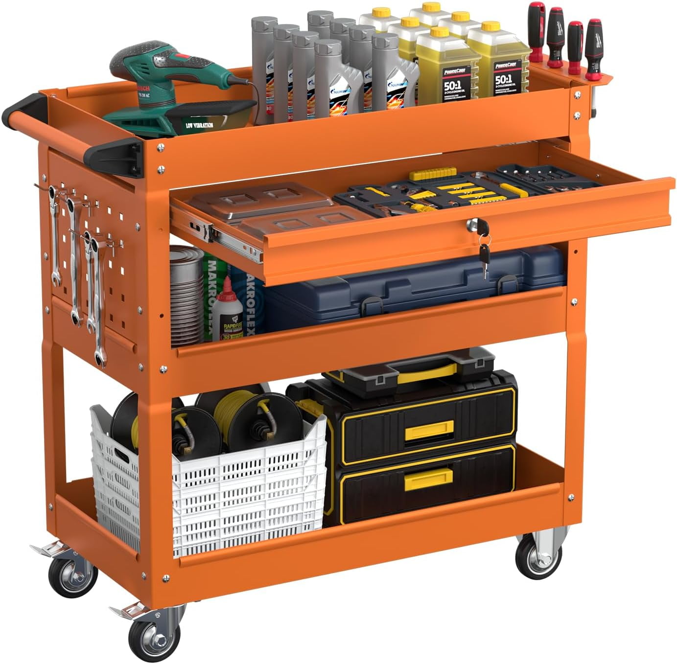 3-Tier Rolling Utility Cart, Heavy Duty Tool Cart on Wheels, Metal ...