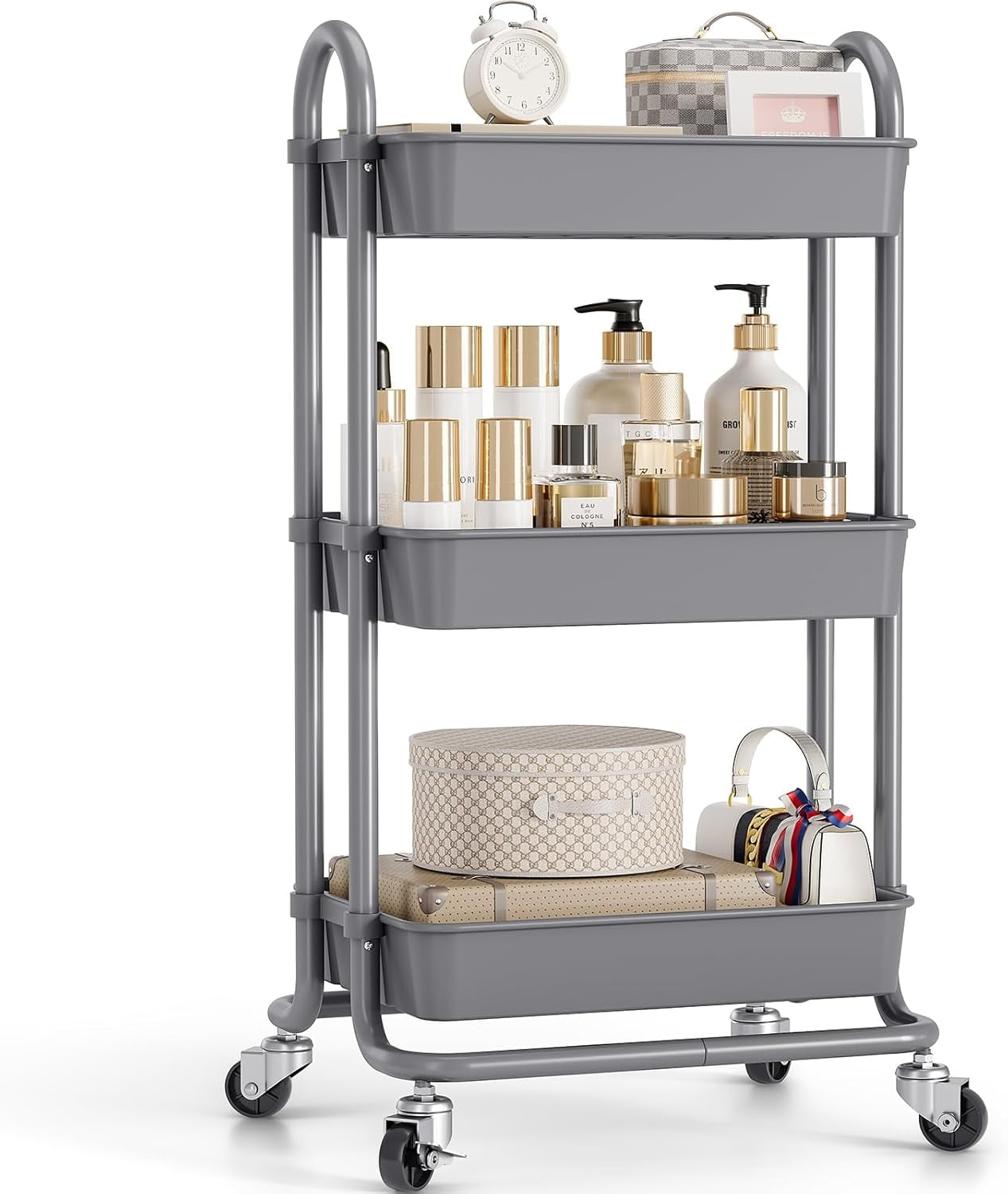 3-Tier Rolling Utility Cart with Lockable Wheels, Storage Trolley with ...