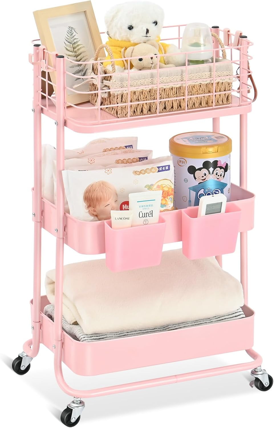 3 Tier Rolling Utility Cart, Metal Storage Cart with Lockable Wheels ...