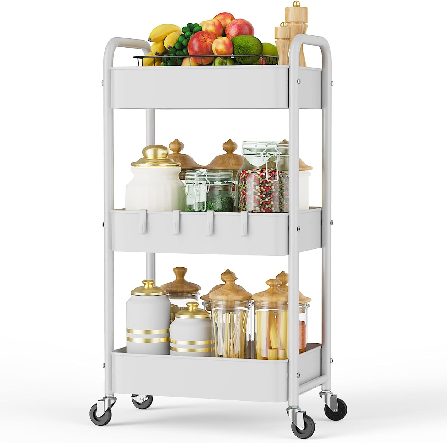 3 Tier Rolling Utility Cart, Metal Trolley Cart with Wheels, Hooks ...