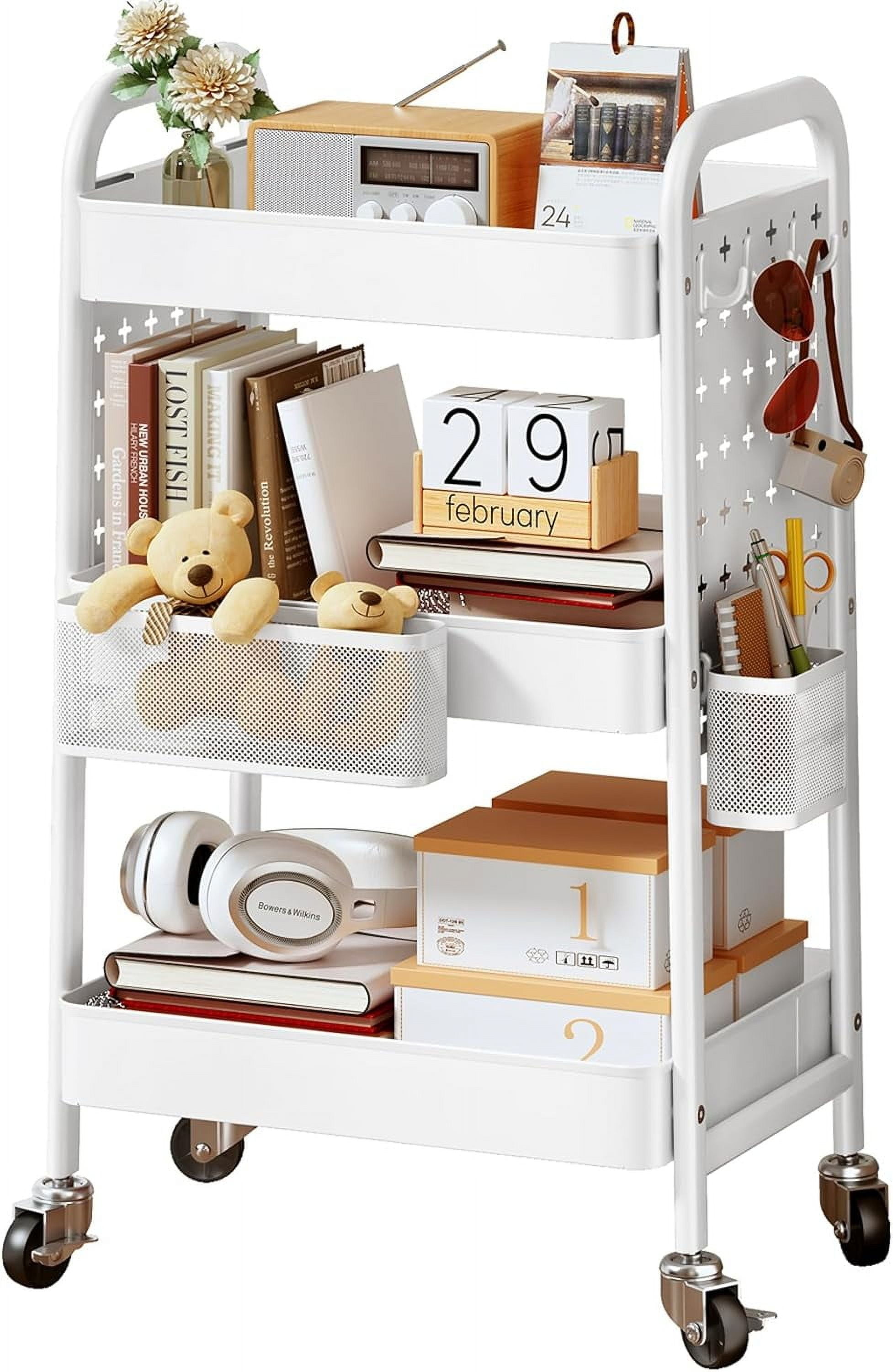 3 Tier Rolling Utility Cart - Metal White Cart Organizer with Wheels ...