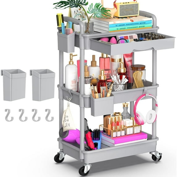 3 Tier Rolling Utility Cart Organizer with Removable Drawer, Stable and ...