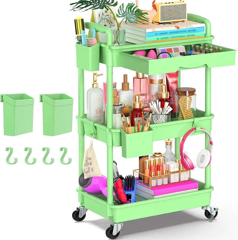 3 Tier Rolling Utility Cart Organizer with Removable Drawer, Stable and ...