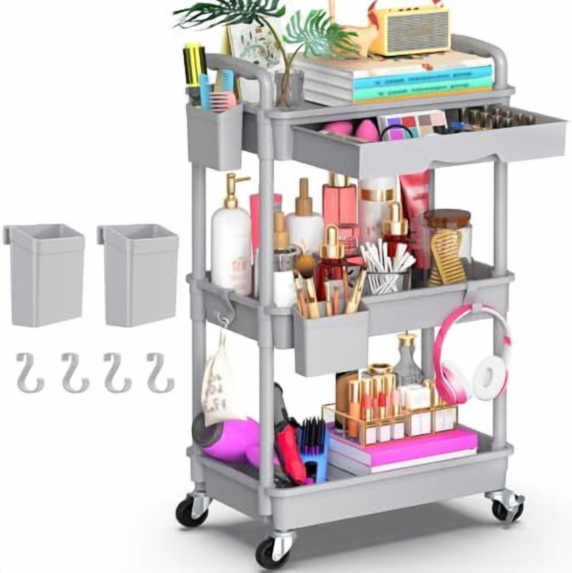 3 Tier Rolling Utility Cart Organizer with Removable Drawer, Stable and ...