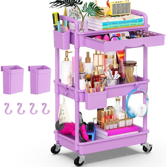 3 Tier Rolling Utility Cart Organizer with Removable Drawer, Stable and ...
