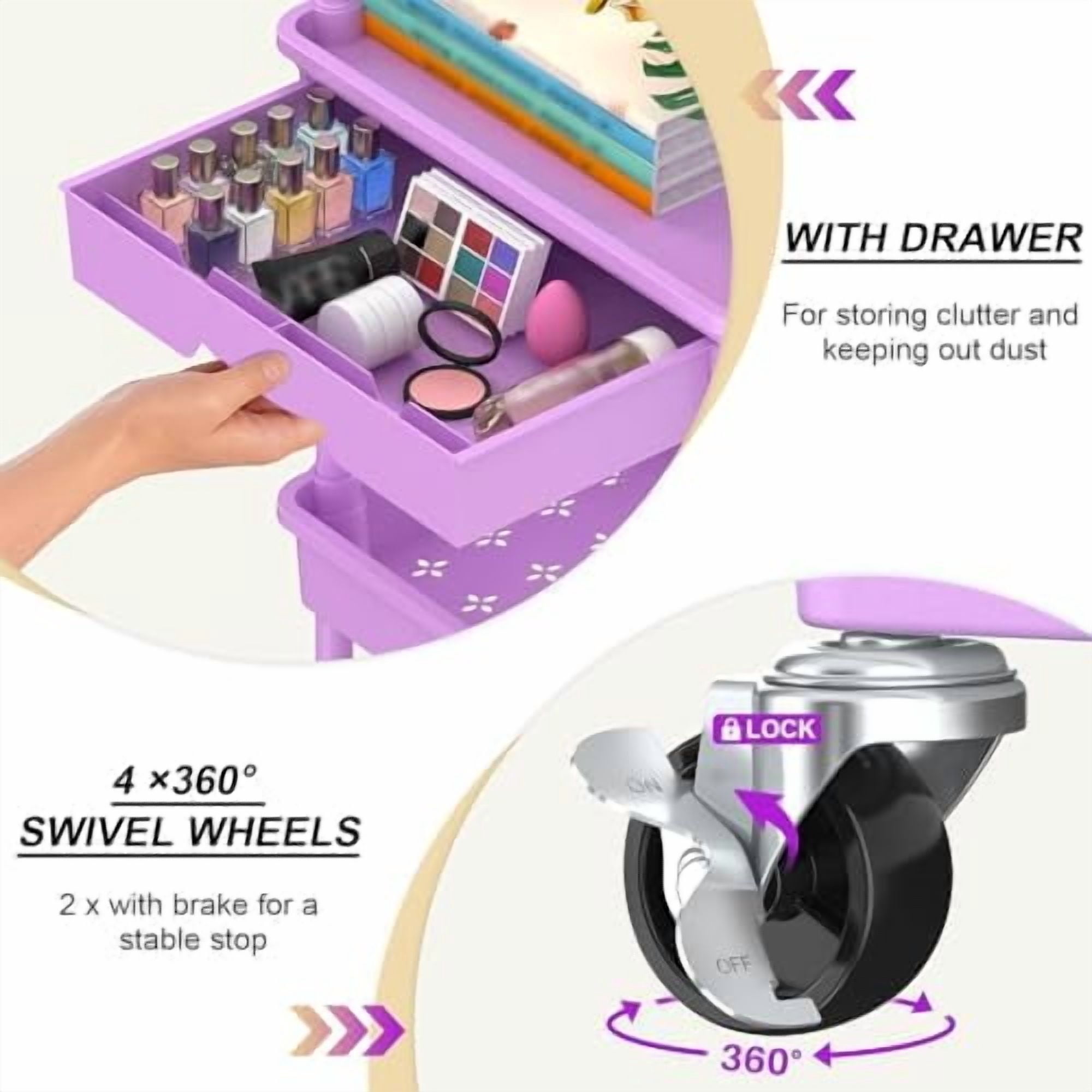 3 Tier Rolling Utility Cart Organizer with Removable Drawer, Stable and ...