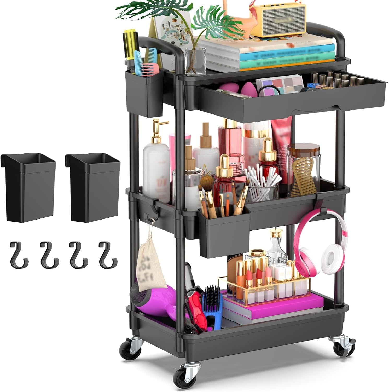 3 Tier Rolling Utility Cart Organizer with Removable Drawer, Stable and ...