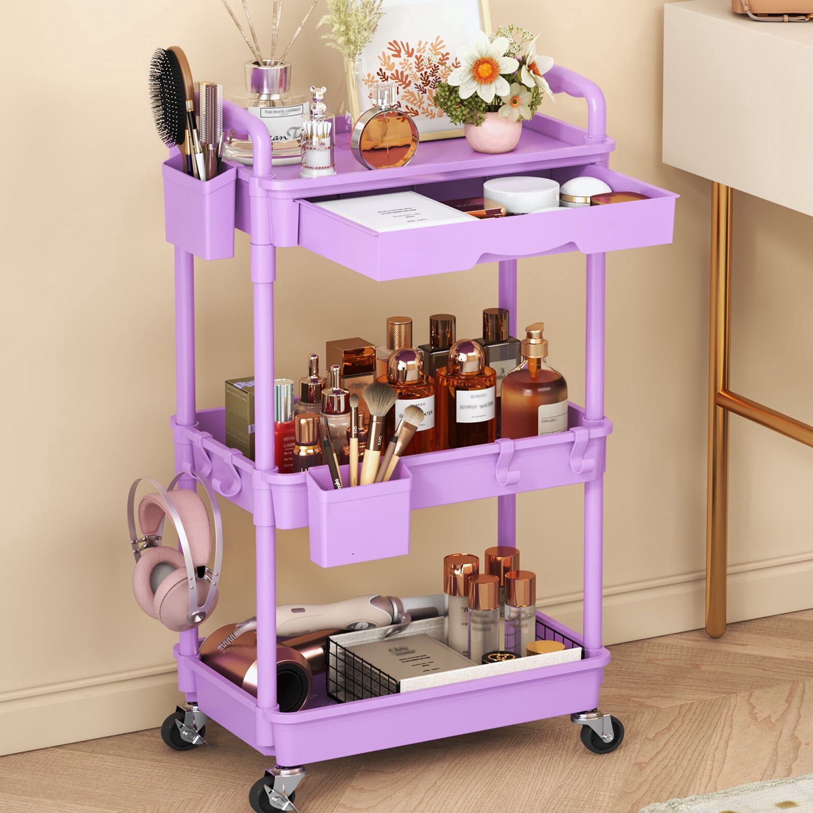 3 Tier Rolling Utility Cart with Removable Drawer, Bathroom Storage ...