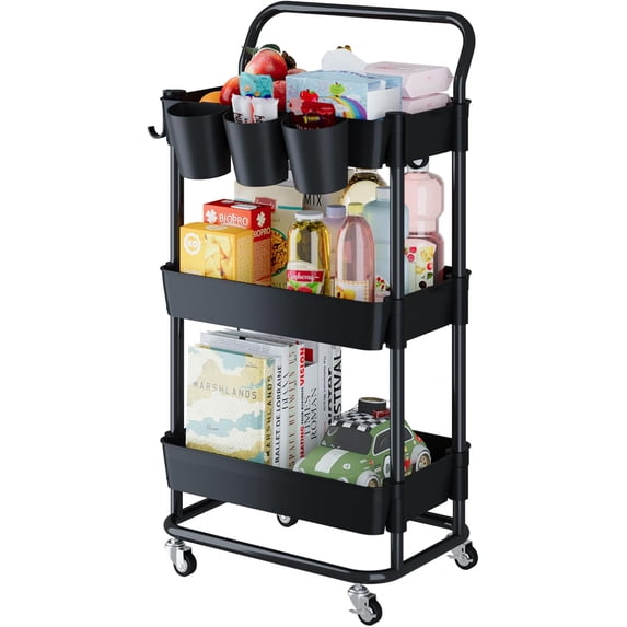 3-Tier Rolling Utility Cart, Storage Cart with Handle Multi-Purpose and ...