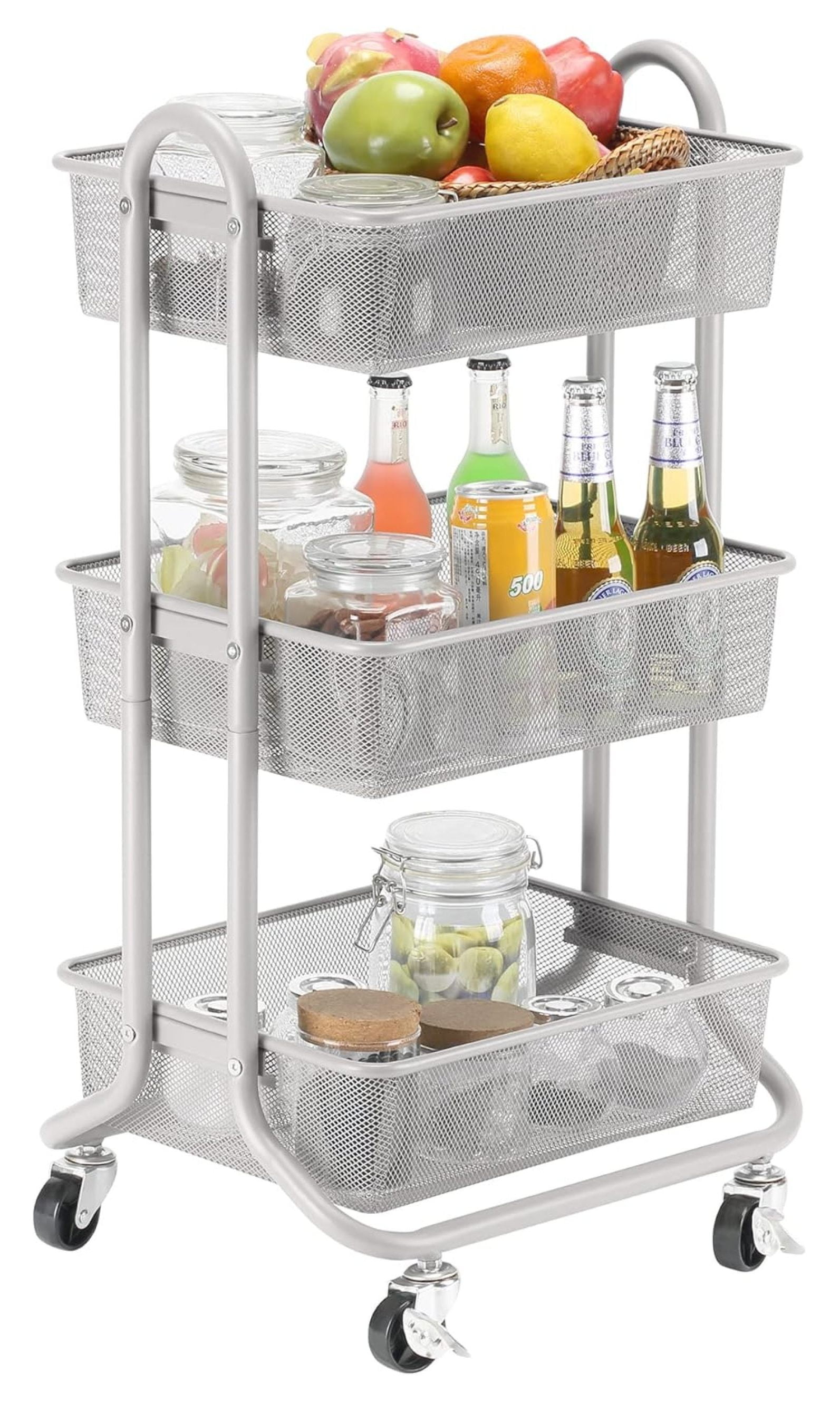 3-Tier Rolling Utility Cart Storage Shelves Multifunction, Metal Mesh ...