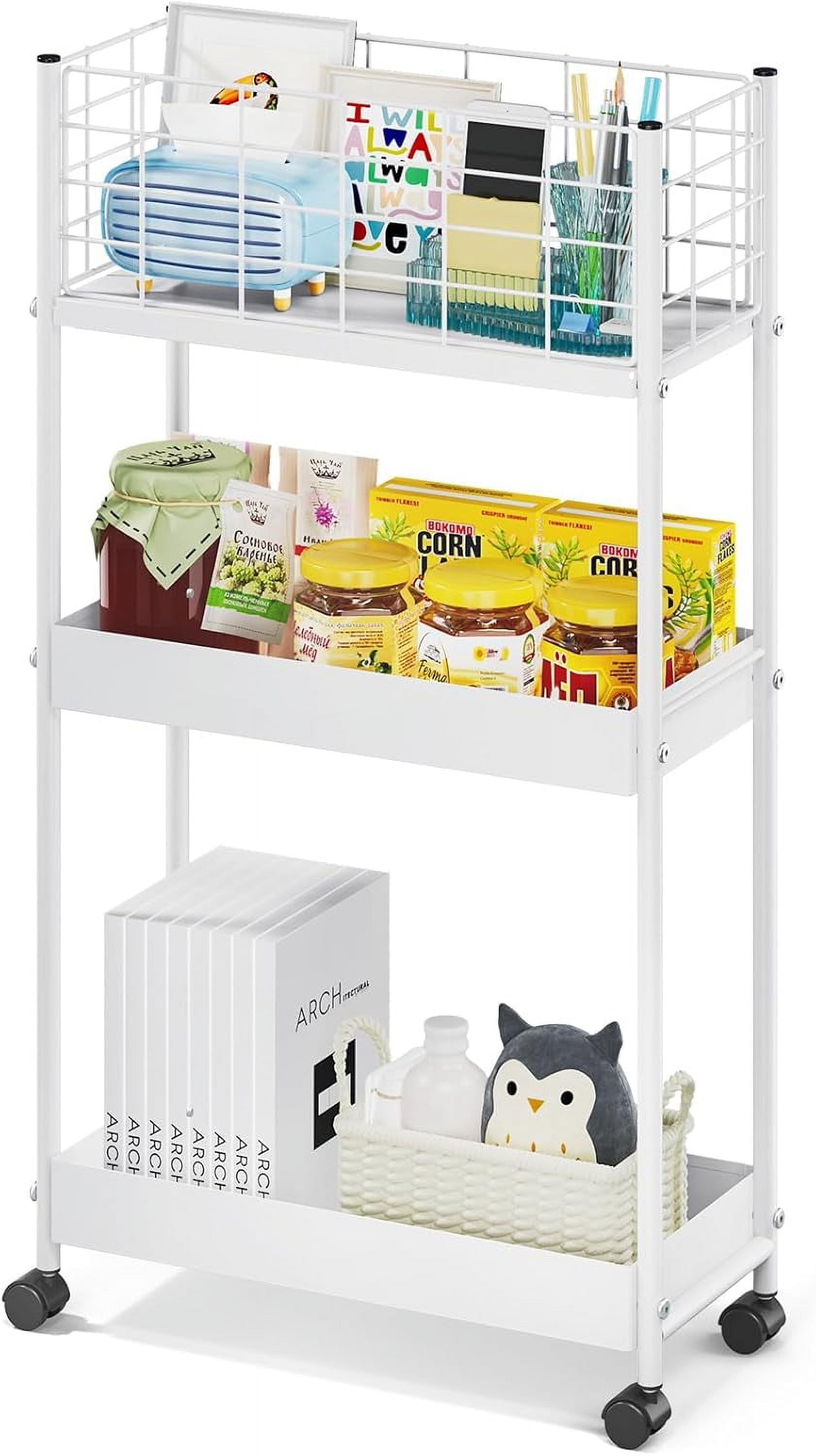3-Tier Rolling Utility Cart with Wheels, Metal Slim Storage Cart ...