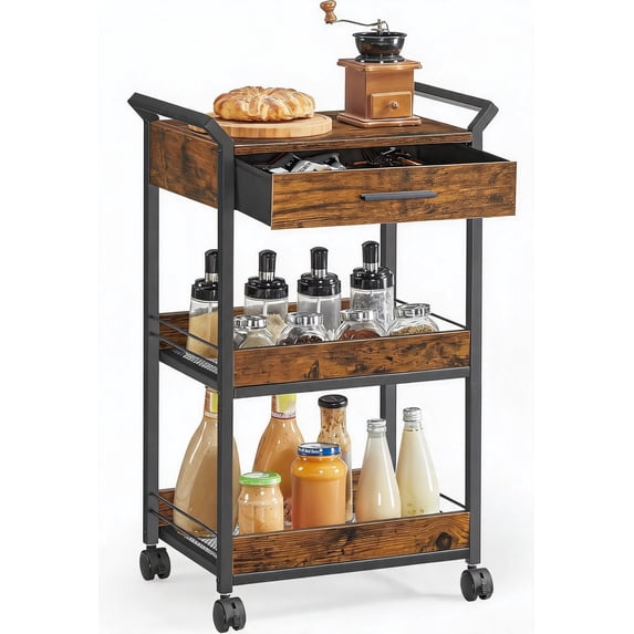3-Tier Rolling Utility Cart with Table Top, Handles, 4 Lockable Casters ...