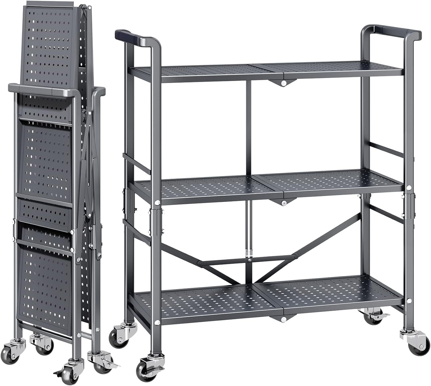 3 Tier Rolling Utility Foldable Cart - Metal Folding Cart with Wheels ...