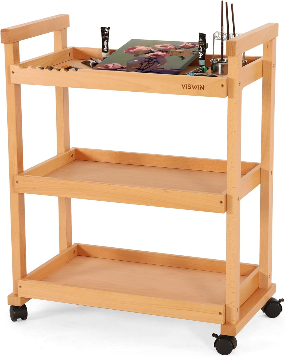 3-Tier Rolling Utility Studio Taboret, Solid Beechwood Art Cart Storage ...
